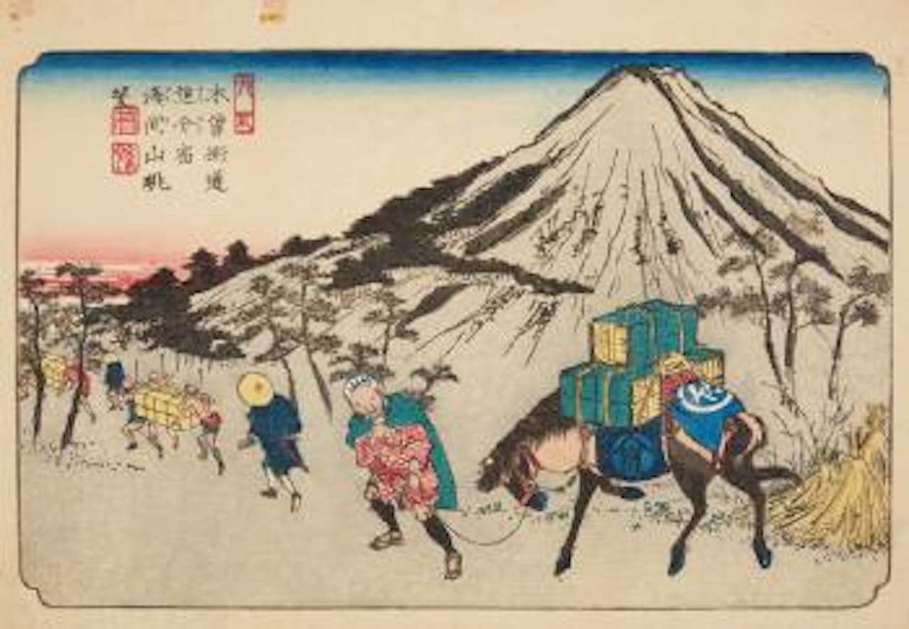 a) No. 11. Honjo shuku, Kannagawa watashiba. Samurai train. b) No. 8 ...